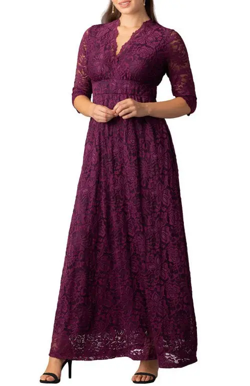 KIYONNA Maria Lace A-line Evening Gown With Pockets - Berry Bliss