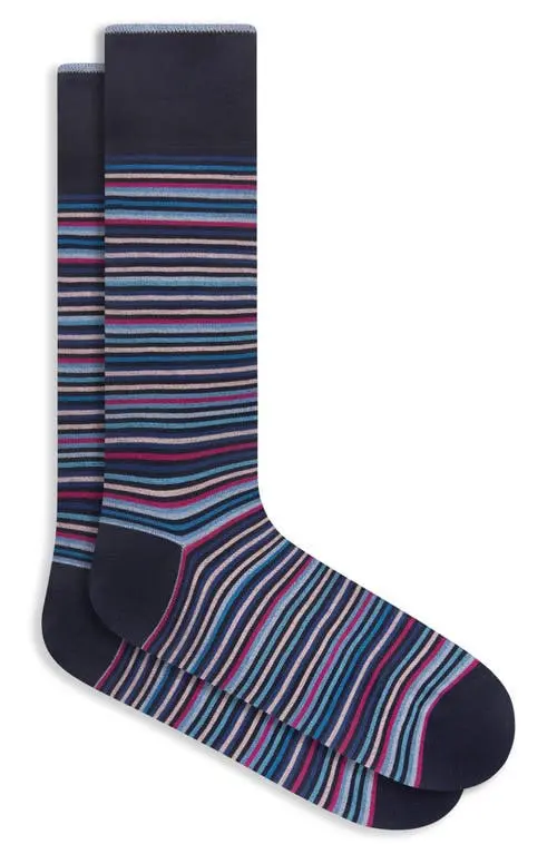 Bugatchi Stripe Mercerized Cotton Blend Dress Socks - Navy