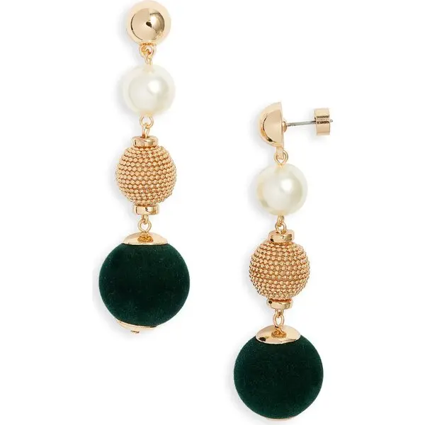 Nordstrom Orb Velvet & Faux Pearl Drop Earrings - Dark Green- Gold