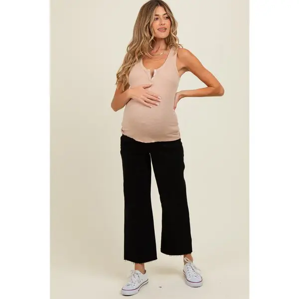 PINKBLUSH Raw Hem Cropped Wide Leg Maternity Jeans - Black