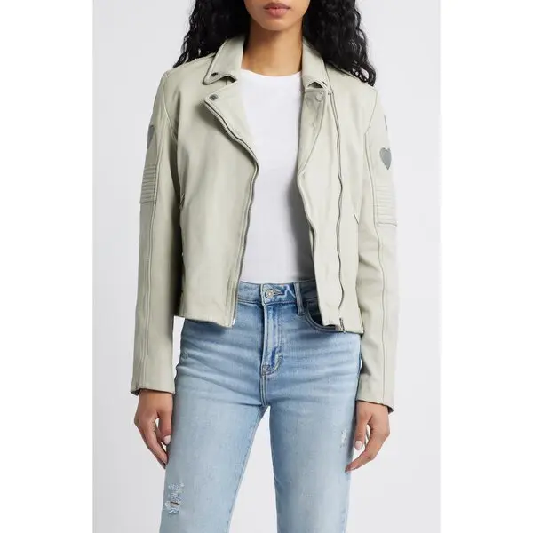Mauritius Reo Heart Detail Leather Moto Jacket - Offwhite/grey