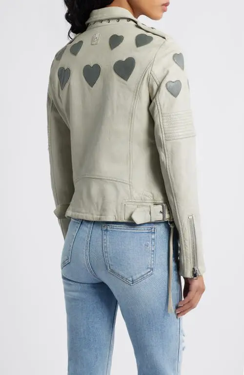 Mauritius Reo Heart Detail Leather Moto Jacket - Offwhite/grey