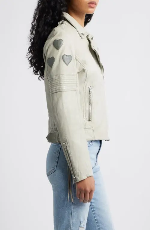 Mauritius Reo Heart Detail Leather Moto Jacket - Offwhite/grey