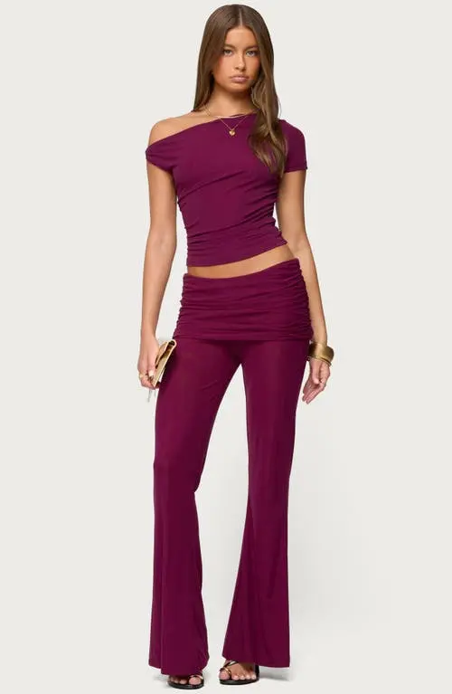 EDIKTED Halli Foldover Flare Pants - Burgundy