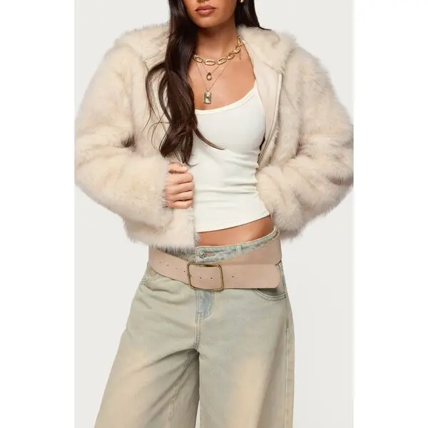 EDIKTED Faux Fur Hooded Crop Jacket