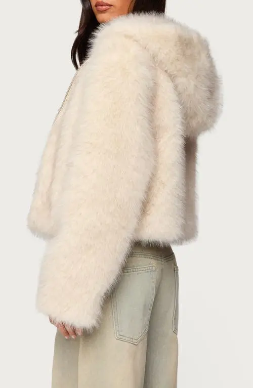 EDIKTED Faux Fur Hooded Crop Jacket