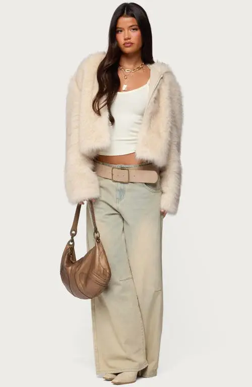 EDIKTED Faux Fur Hooded Crop Jacket
