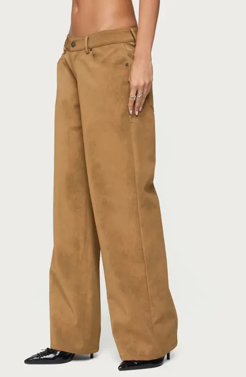 EDIKTED Stacey Low Rise Wide Leg Faux Suede Pants - Brown