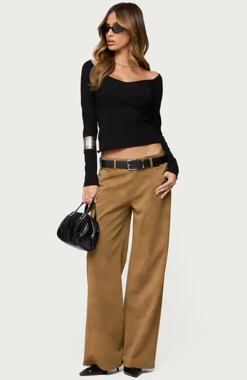 EDIKTED Stacey Low Rise Wide Leg Faux Suede Pants - Brown
