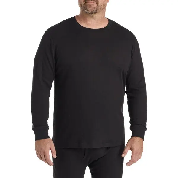 HARBOR BAY BY DXL Waffle-knit Thermal Crewneck Shirt - Black
