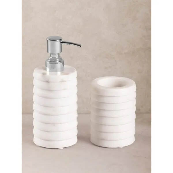 GAURI KOHLI Raavi Marble Lotion Dispenser & Tumbler Set - Ivory White