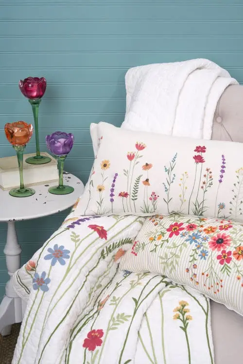 C&F HOME Botanical Flowers Striped Printed Cotton Blend Mini Spring Accent Pillow 12" X 24