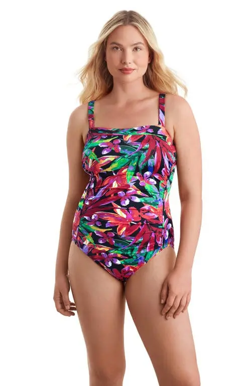 SHAPESOLVER SPORT Shirred Bandeau One-piece Swimsuit - Secret Jungle