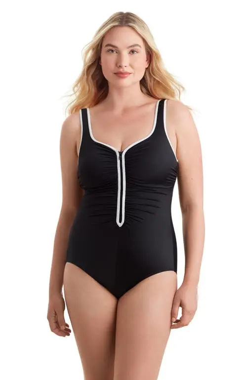 SHAPESOLVER SPORT Shirred Zipper Tank One-piece Swimsuit - Black And White