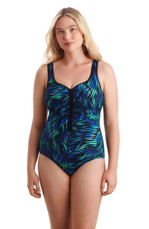 SHAPESOLVER SPORT Shirred Zipper Tank One-piece Swimsuit - Blue Green Glazed Skin