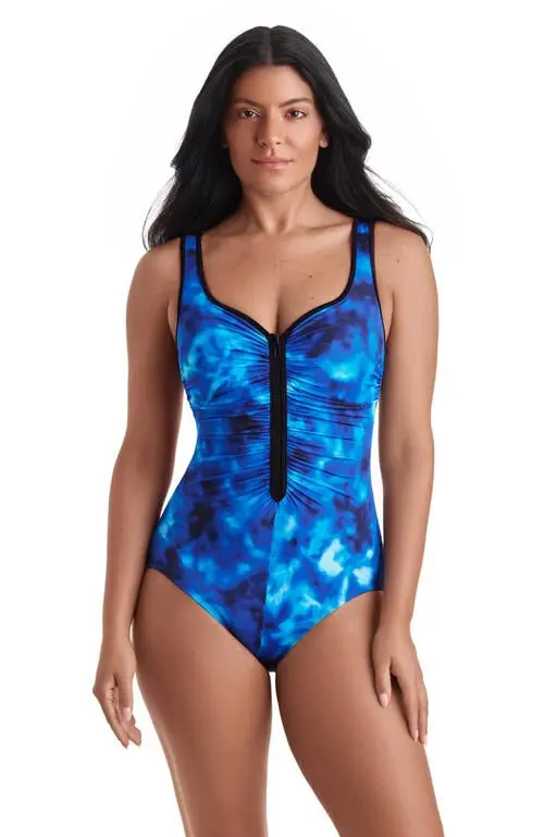 SHAPESOLVER SPORT Shirred Zipper Tank One-piece Swimsuit - Laguna Waters