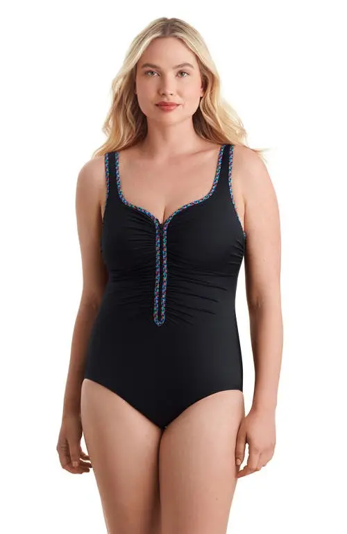 SHAPESOLVER SPORT Shirred Zipper Tank One-piece Swimsuit - Multi Laser Stars