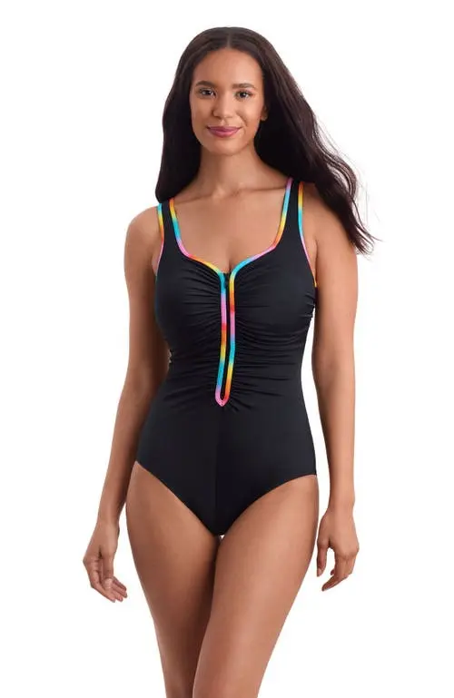 SHAPESOLVER SPORT Shirred Zipper Tank One-piece Swimsuit - Ombre Sorbet