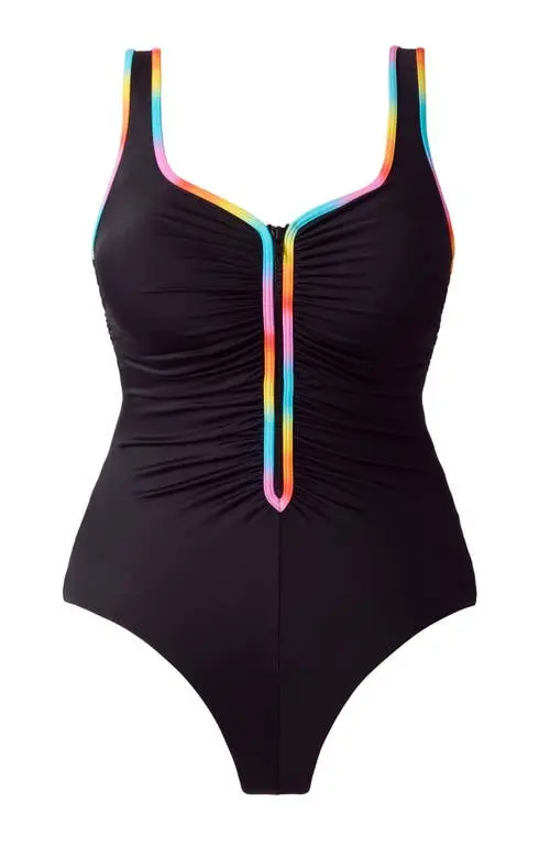 SHAPESOLVER SPORT Shirred Zipper Tank One-piece Swimsuit - Ombre Sorbet