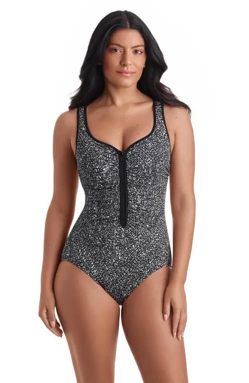 SHAPESOLVER SPORT Shirred Zipper Tank One-piece Swimsuit - Pixel Twilight