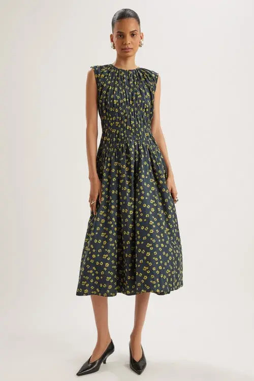 Merlette Villard Floral Print Midi Dress - Lemon Navy Floral Print