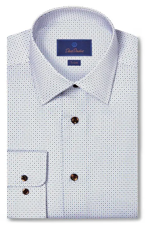 David Donahue Trim Fit Geometric Print Cotton Herringbone Dress Shirt - White/chocolate