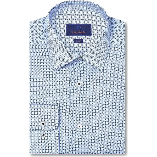 David Donahue Trim Fit Blue Geometric Print Cotton Dress Shirt - White/blue