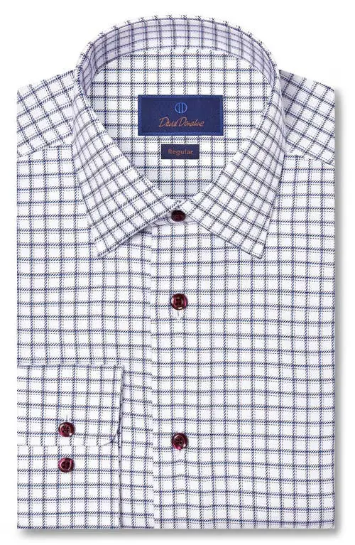 David Donahue Regular Fit Windowpane Check Cotton Dobby Dress Shirt - White/merlot