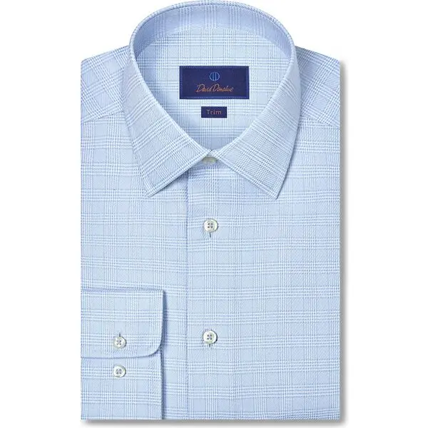 David Donahue Trim Fit Blue Glen Check Cotton Dobby Dress Shirt - Sky