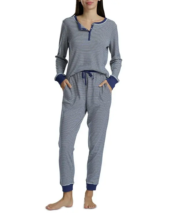 Splendid Henley Top And Joggers Pajama Set - Deep Cobalt Stripe