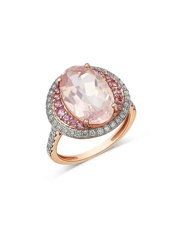 Bloomingdale'S Fine Ring With Rose Quartz, Pink Sapphire, And Diamond Halo In 14k - Rose Gold