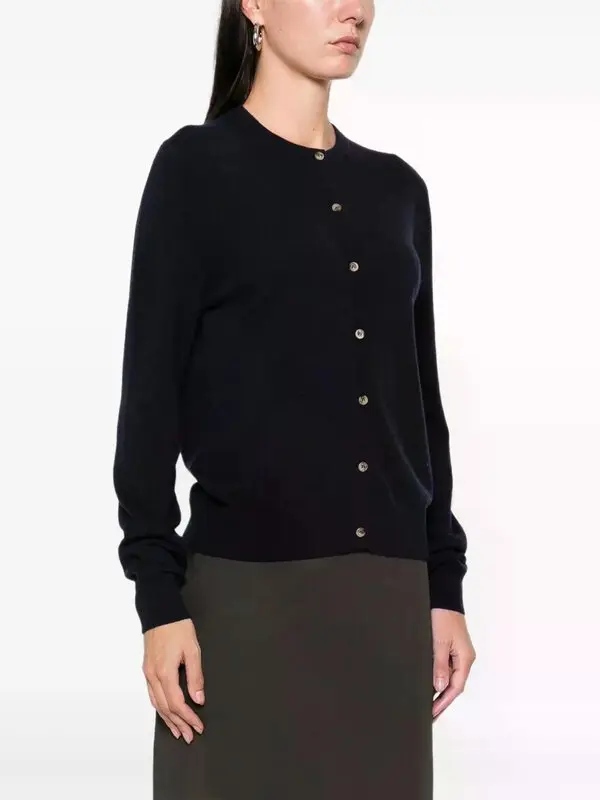 Soft Goat Button-fastening Crew-neck Cardigan - Blue