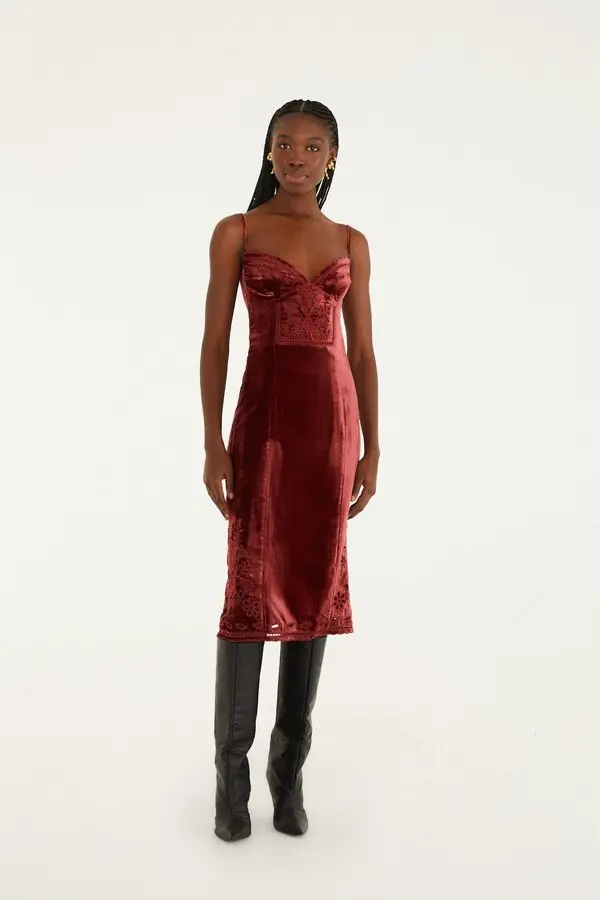 Farm Rio Cut-out Flowers Sleeveless Midi Dress - Burgundy