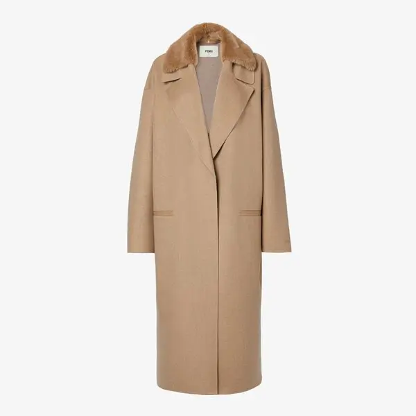 Fendi Oversized Double-face Cashmere Coat With Fur Lapels And Belt - Beige