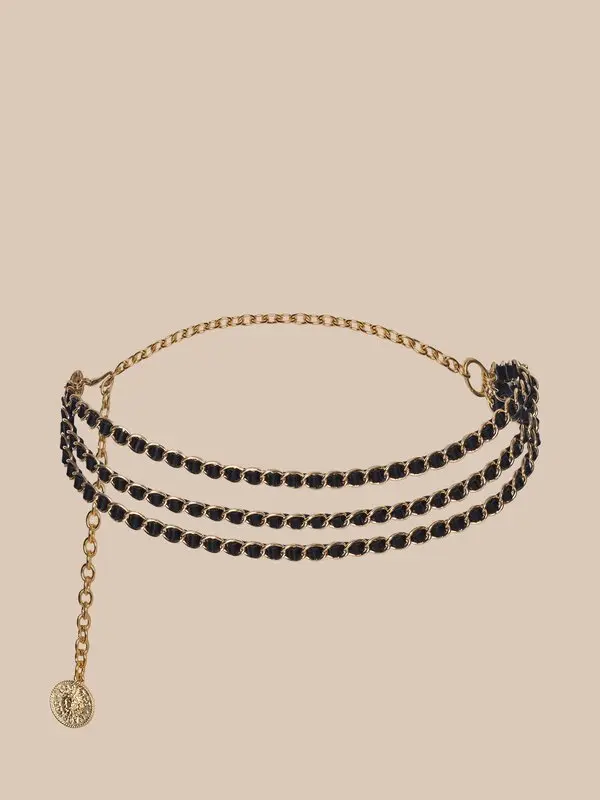L'Agence Alisha Chain Belt - Black With Gold Chain