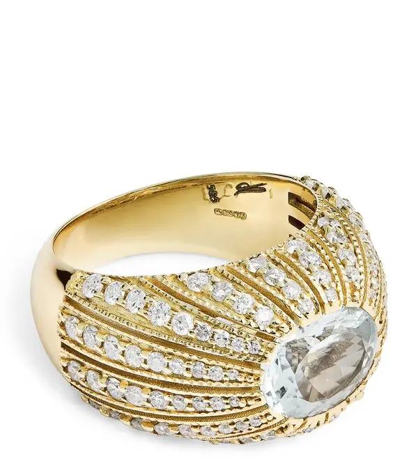 Jacquie Aiche Large Diamond And Aquamarine Ring - Gold
