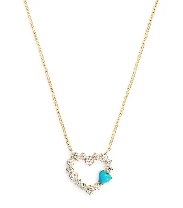 JENNIFER MEYER Heart Necklace With Diamonds And Turquoise - Gold