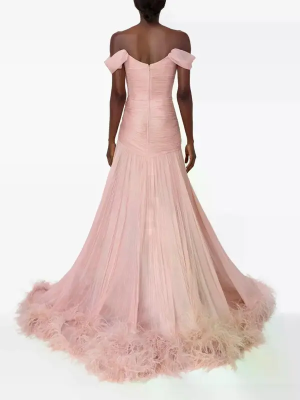 IRIS SERBAN Petal Off-shoulder Feathered Maxi Dress