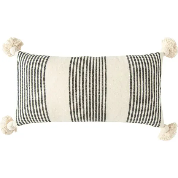 STORIED HOME Cotton And Chenille Woven Striped Lumbar Pillow With Tassels - Black