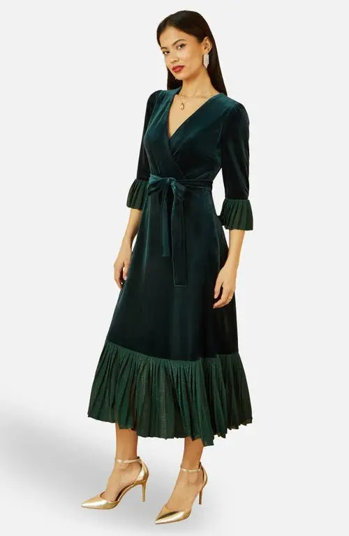 YUMI Velvet Midi Wrap Dress With Pleated Details
