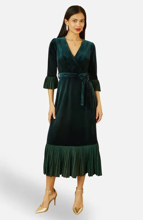 YUMI Velvet Midi Wrap Dress With Pleated Details - Green