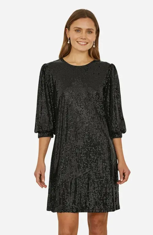 YUMI Balloon Sleeve Sequin Mini Dress - Black