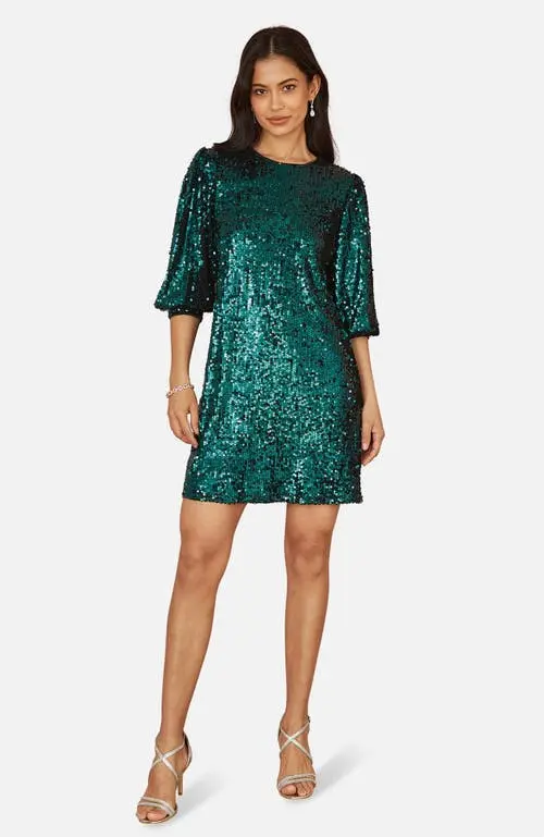 YUMI Balloon Sleeve Sequin Mini Dress - Green
