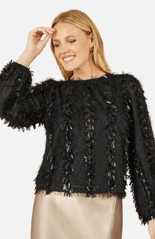 YUMI Hanging Sequin Long Sleeve Top - Black