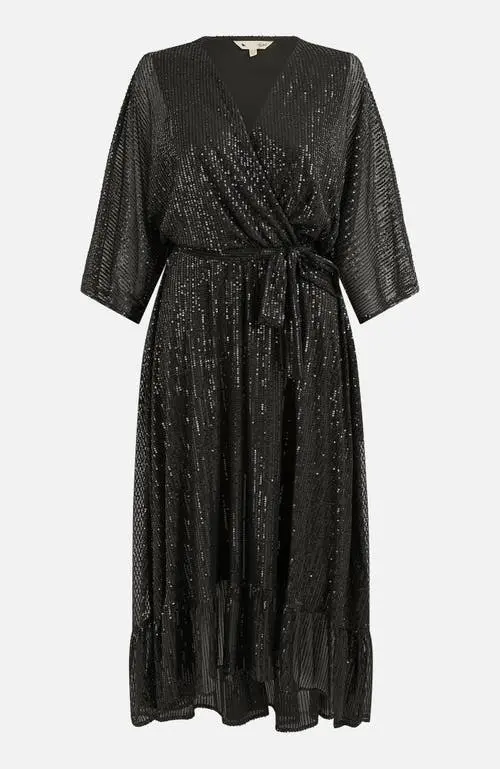 YUMI Sequin Kimono Wrap Midi Dress - Black