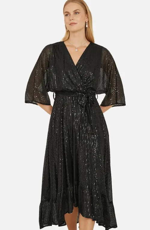 YUMI Sequin Kimono Wrap Midi Dress - Black