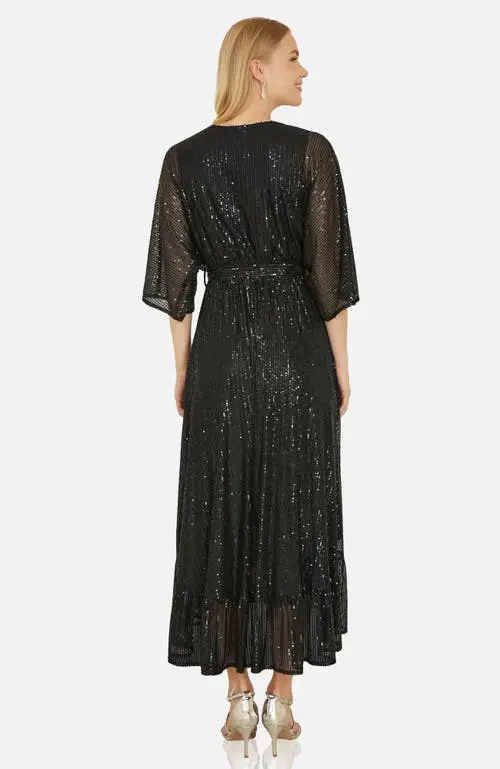 YUMI Sequin Wrap Midi Dress - Black