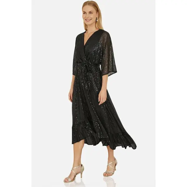 YUMI Sequin Wrap Midi Dress - Black