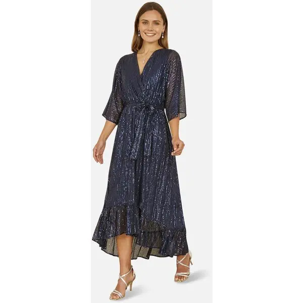 YUMI Sequin Midi Wrap Dress - Navy