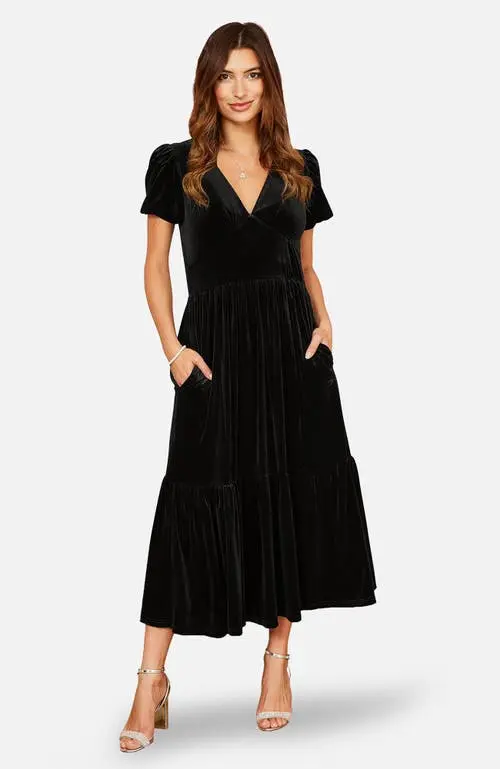 YUMI Velvet Midi Dress With V-neckline And Tiered Skirt - Black